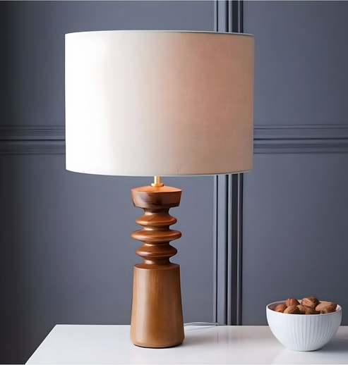 Rustic Red Wood Table Lamp with Linen Drum Shade – Wood Evoke